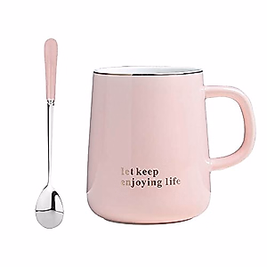 Ceramic Mug Birthday Gifts for Women China Tea Cups with Spoon Coffee Cup Suitable for Making Tea,Cold Drinks,Hot Drinks,Coffee,Etc(Pink,14.5oz)