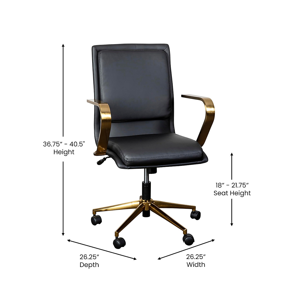 BizChair Mid-Back Designer Executive Office Chair - Black LeatherSoft Upholstery - Brushed Gold Base and Arms - Height Adjustable 360° Swivel Seat