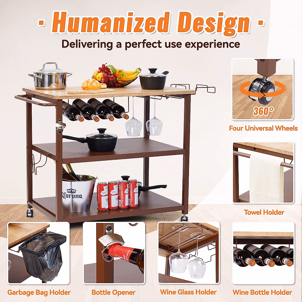 kognita Pizza Oven Table 35.5" Outdoor Grill Table with 4 Wheels, Rubberwood Outdoor Bar Cart Dining Prep Table with Wine and Glasses Rack,Garbage Bag Holder,Bottle Opener and Gas Tank Hook