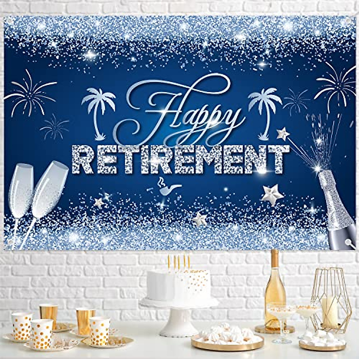 Happy Retirement Banner Backdrop Blue Silver Decorations Background Photo Booth Prop for Men Women Photography Officially Retire Party Decor Supplies