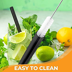 Vannise Reusable Smoothie Straws & Milkshake Straws 0.4" Wide Mouth Straw, Set of 6 Stainless Steel Straws 8.5"&10.5" with 1 Long Straw Cleaner Brush，Black Metal Straws for Jumbo Thicker Drinks