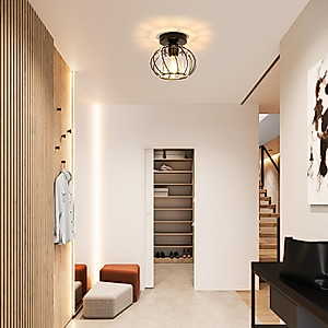 DELIPOP Semi Flush Mount Ceiling Light, Dimmable Small Metal Cage Hallway Light Fixtures Ceiling Lamps, Farmhouse Ceiling Light Fixture, Industrial Crystal Chandelier for Corridor Bathroom Kitchen