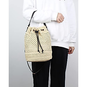 Van Caro Straw Shoulder Bag Straw Tote Straw Crossbody Bag Handwoven Drawstring Bucket Bag Beach Bag for Women,Beige