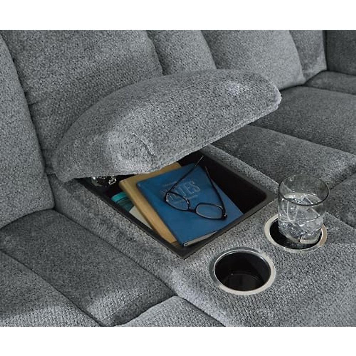 Signature Design by Ashley Tip-Off Modern Wall Hugger Power Reclining Loveseat with Adjustable Headrest, USB Ports, Storage and Cup Holders, Gray