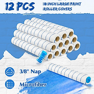 Jinei 12 Pcs 18 Inch Paint Roller Covers 3/8" Nap Roller Covers Large Paint Roller Sleeves Microfiber Wide Paint Rollers for Wall, Ceiling, Painters, Painting Surfaces, Blue, White