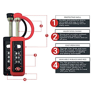 1x Black, 1x Red TSA Approved Tactical Gun Case Locks | Protective Rubber Sleeve & Cut-Resistant MonoShaft | Secure Single Shaft Padlock for Guns Luggage Rifles Pistols & Revolver Cases - Child Safe