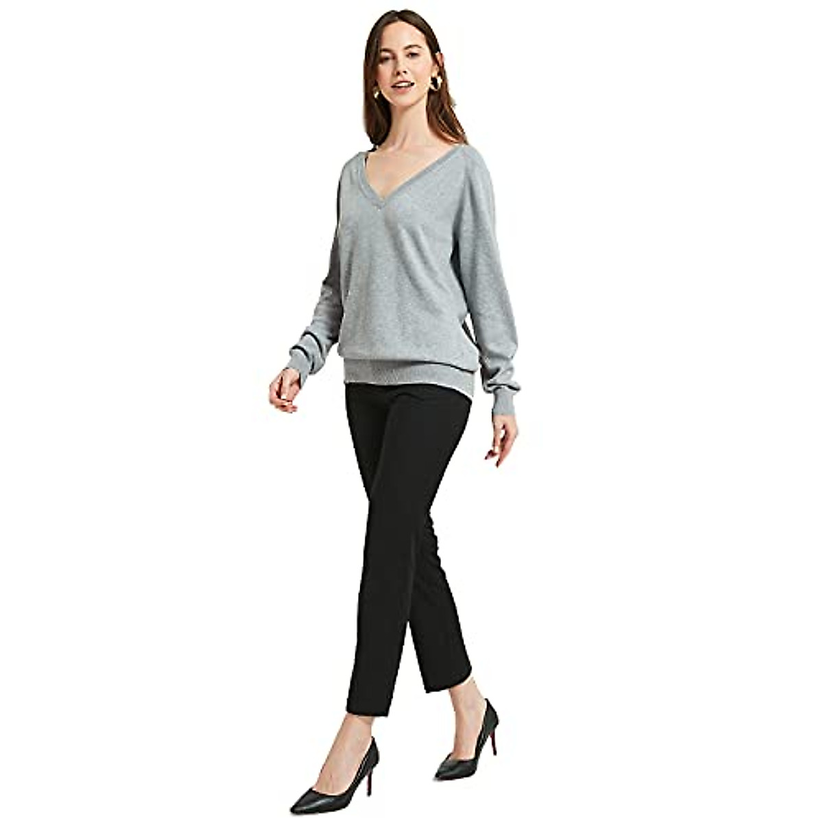 Kallspin Women's Cotton Pullover Sweater Relax Fit V Neck Long Sleeve Basic Fashion Knit Jumper (Large, Light Grey)