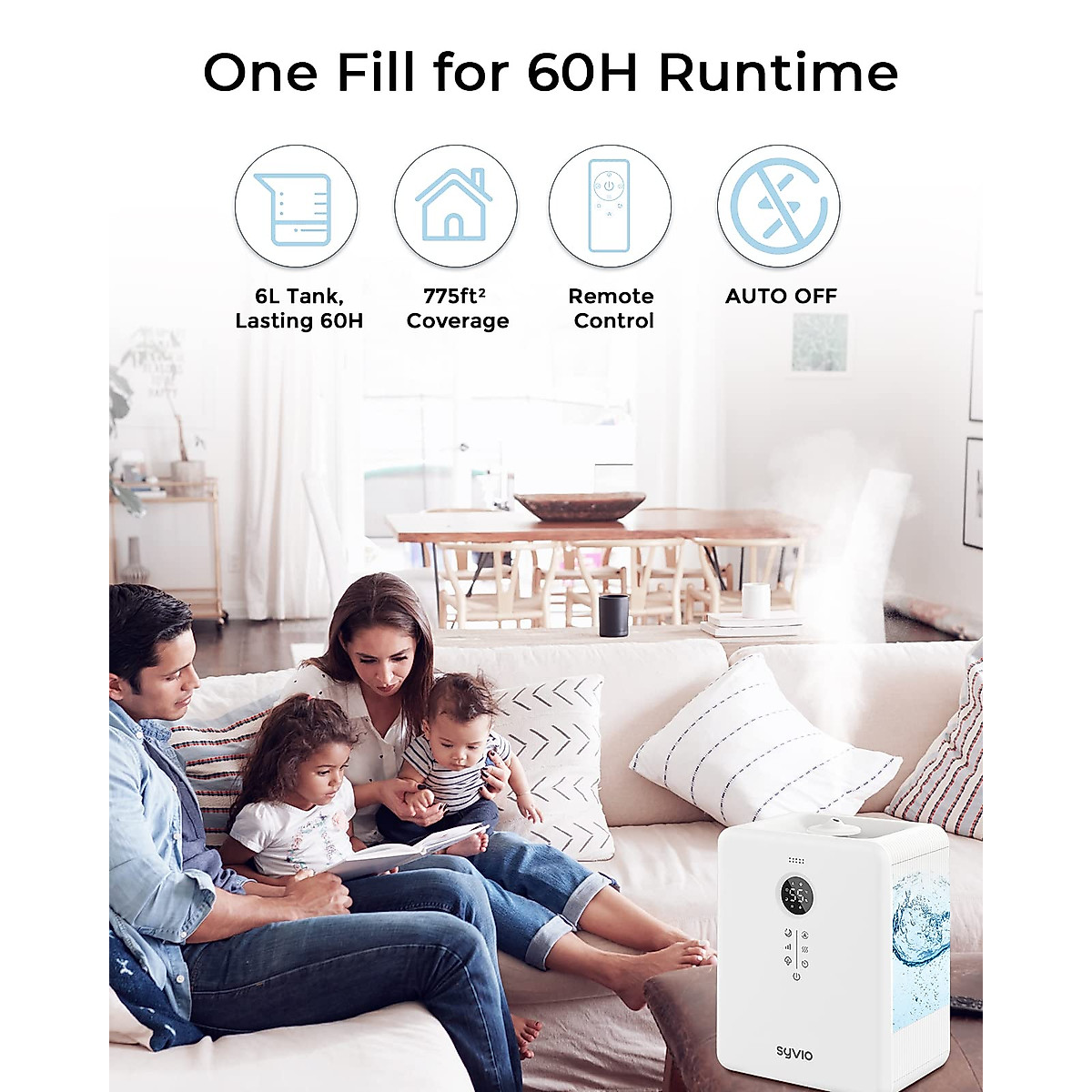Cool and Warm Mist Humidifiers for Bedroom Large Room, Syvio 6L Top Fill Air Humidifiers for Baby, Plants, Whole House Quick Humidify up to 755 sq.ft, Remote Control, with 1 Fish-Filter, Milky White …
