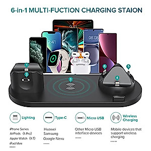 Atrden [Multi-Function Wireless Charging Station] 6 in 1, 15W Fast Wireless Charger for iPhone 14/13/12/11 Series, iWatch 7/6/5/4/3, AirPods and Smartphones (Black)