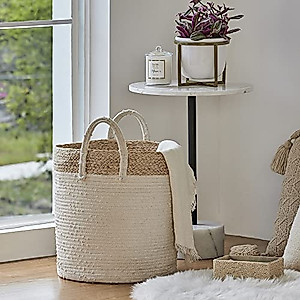 Woven Basket Rope Storage Basket - Large Cotton Organizer 16 x 14 x 14 Inches, Natural and Safe For Baby and Kids, Two-Tone Woven Organizer with Corn Skin