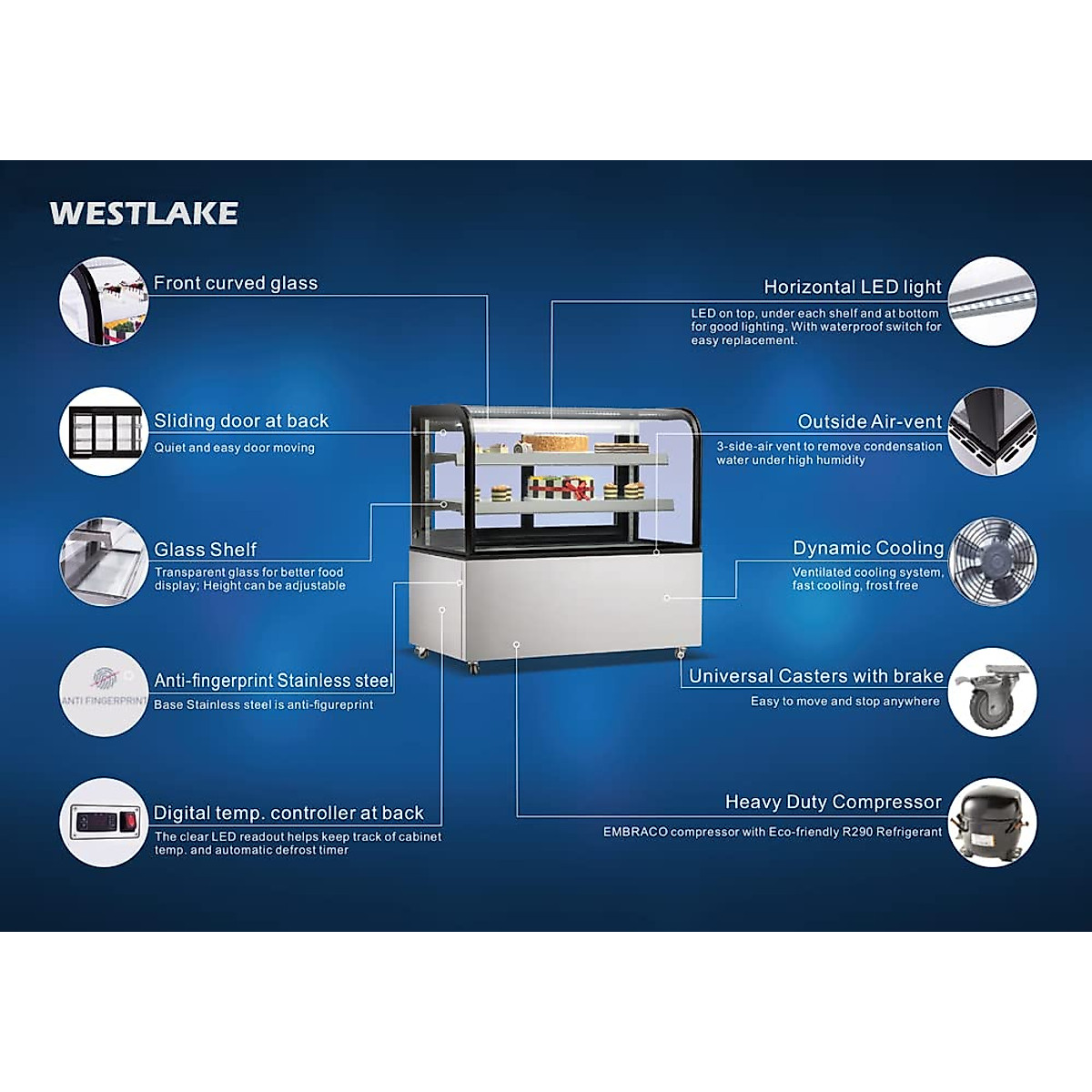 WESTLAKE 36 "W Commercial Refrigerated Bakery Display Case Curved Glass Stainless Steel Refrigerated Bakery Display Case with LED Lighting