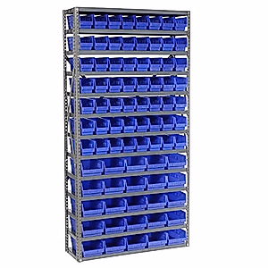 Global Industrial 13 Shelf Steel Shelving with (81) 4" H Plastic Shelf Bins, Blue, 36x12x72