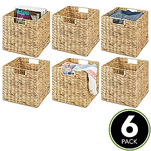 mDesign Natural Woven Hyacinth Cube Bin Basket Organizer with Handles, Storage for Bedroom, Home Office, Bathroom, Shelf and Cubby Organization, Hold Blankets, Magazines, Books, 6 Pack, Natural/Tan