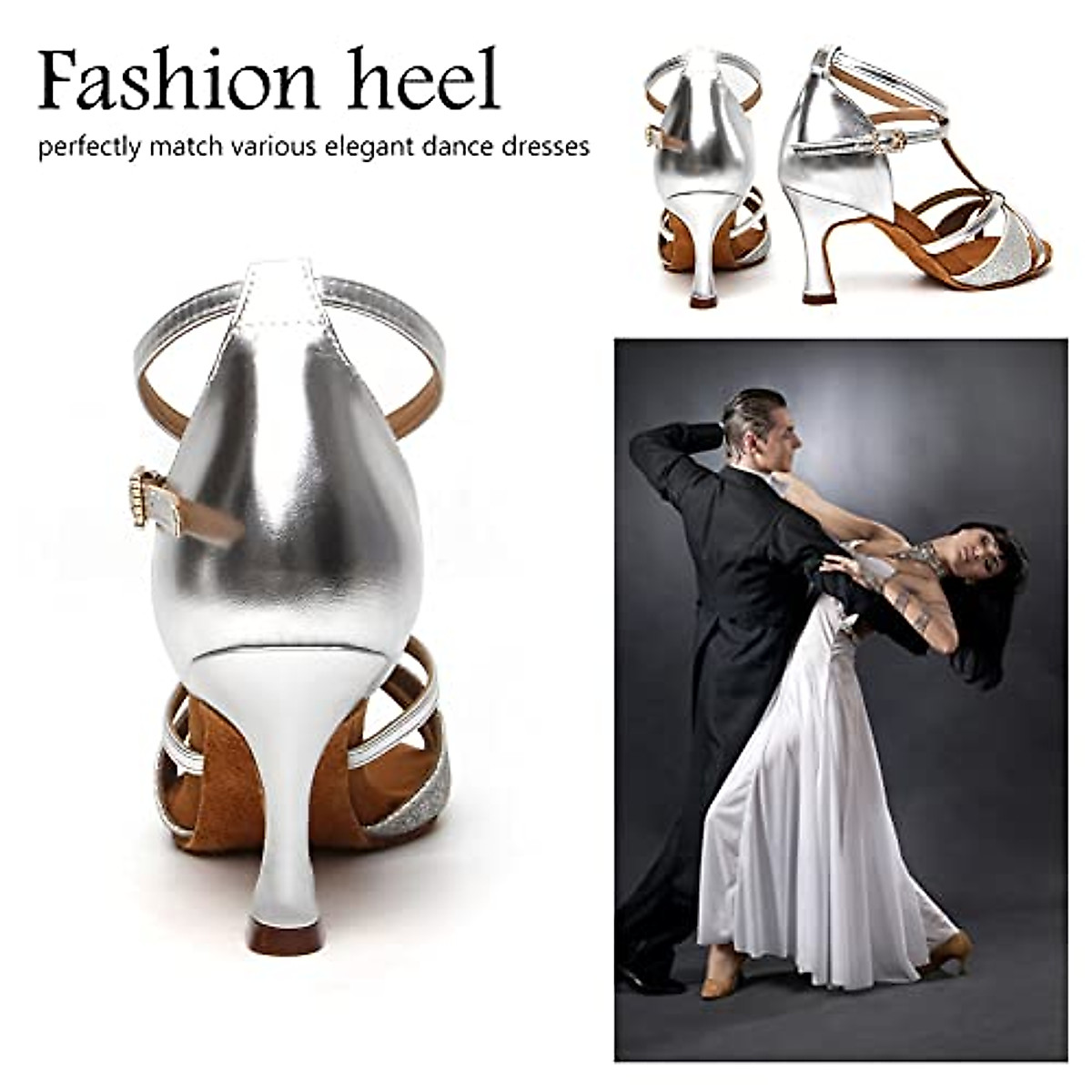 SWDZM Women Satin Latin Dance Shoes T-Strip Ballroom Salsa Chacha Performance Practice Dancing Shoes,809 Heel 3",Silver 7.5 US