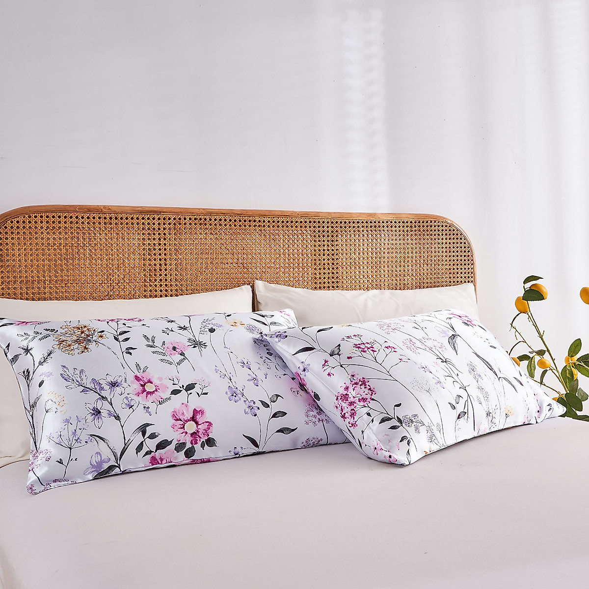 Satin Pillowcase for Hair and Skin White Satin Pillow Cases for Women 2 Pack Floral Satin Pillowcases Standard Set of 2 100% Satin Pillowcase with Envelope Closure (20x26 White)