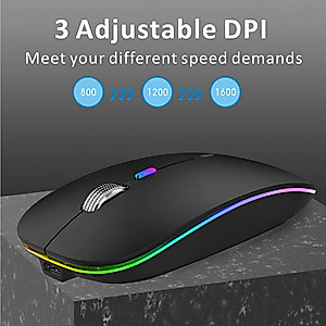 Uiosmuph LED Wireless Mouse, G12 Slim Rechargeable Silent Mouse, 2.4G Portable USB Optical Computer Mice with USB Receiver and Type C Adapter (Matte Black)