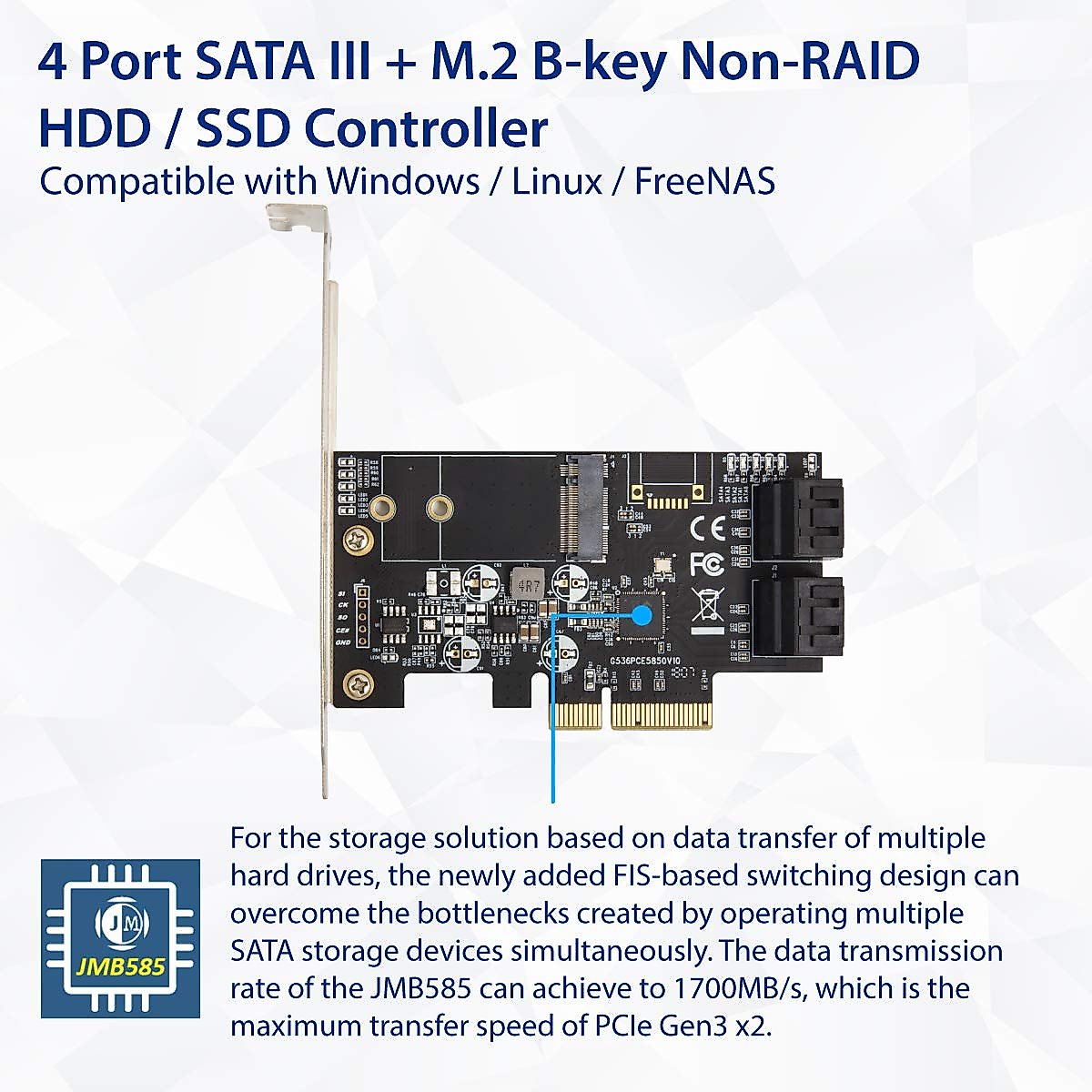 IO Crest SI-PEX40138 Internal 4 Port Non-Raid SATA III 6GB/S with M.2 B-Key 22x42 Pci-E X4 Controller Card for Desktop PC Support SSD and HDD with Low Profile Bracket. JMB585 Chipset