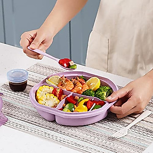 Bento Box, Lunch Box, Bento Box for Kids, Lunch Containers for Adults, All in One Lunch Containers, Kids Lunch Box, Baby Food Containers with 3 Compartments, Spoon, Fork and Mini Sauce Box (Purple)