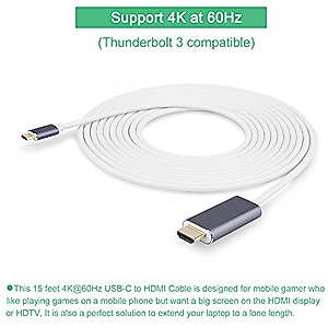 Smolink USB-C to HDMI Cable 15ft/4.5m(Thunderbolt 3 Compatible, HecToo USB-C HDMI 4K 60Hz Cable for 2017/2016 MacBook Pro, 2015 MacBook