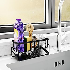 TWRYAMG Sponge Holder for Kitchen Sink-Kitchen Sponge Holder for Organizing Sponge, Brush & Soap Dish Dispenser, Kitchen Sink Organizer Rack with Divider Black