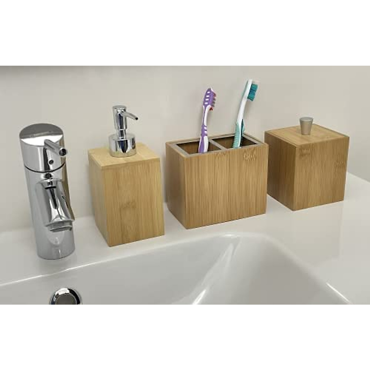 Bamboo Bathroom Accessories Set with Bamboo Trash Can 5 Piece Complete Wood Boho Bathroom Accessory Set Toiletry Box Toothbrush Holder Liquid Bamboo Soap Dispenser Wood Towel Tray Bamboo Decor
