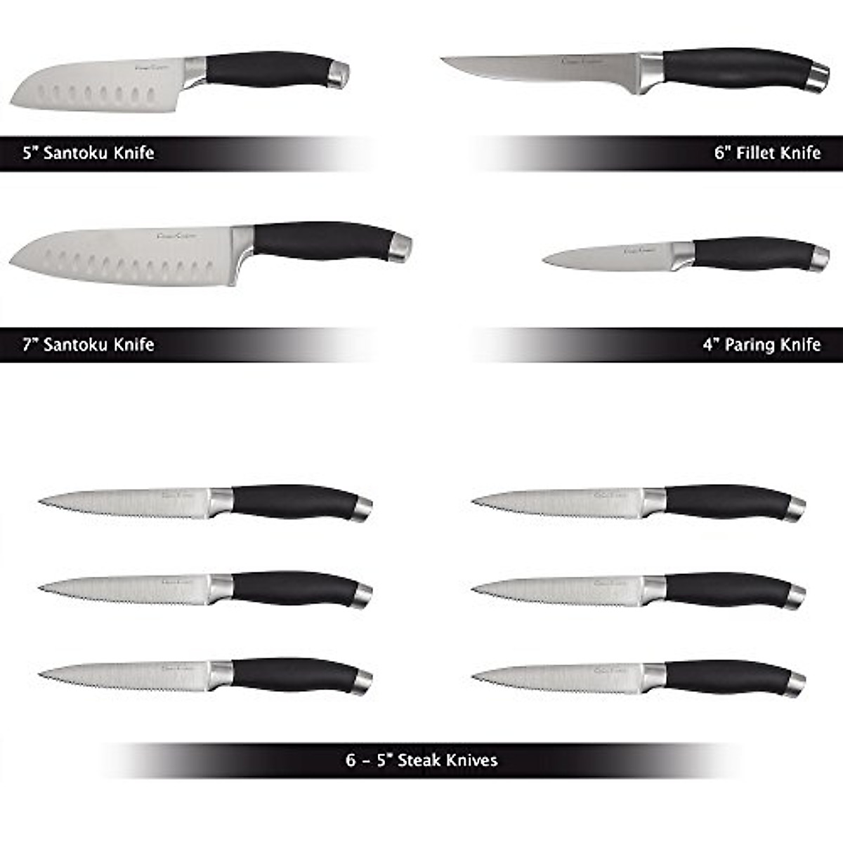 Professional Quality 15 Piece Stainless Knife Set with Shears Sharpener Chef Bread Santoku Filet Paring Steak Knives and Wood Block by Classic Cuisine