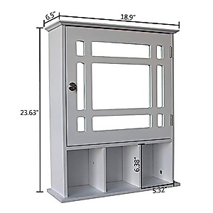 lvssiao Bathroom Wall Mirror Medicine Cabinet, Single Door Three Compartment Storage Bathroom Cabinet MDF Spray Paint White Bathroom Wall Cabinet, 18.90 x 6.50 x 23.63