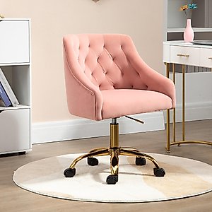 MOJAY Velvet Office Task Desk Chair for Girls, Modern Vanity Chair for Home Office, Make Up, Bed Room, 360°Swivel Height Adjustable Reception Chair, Pink