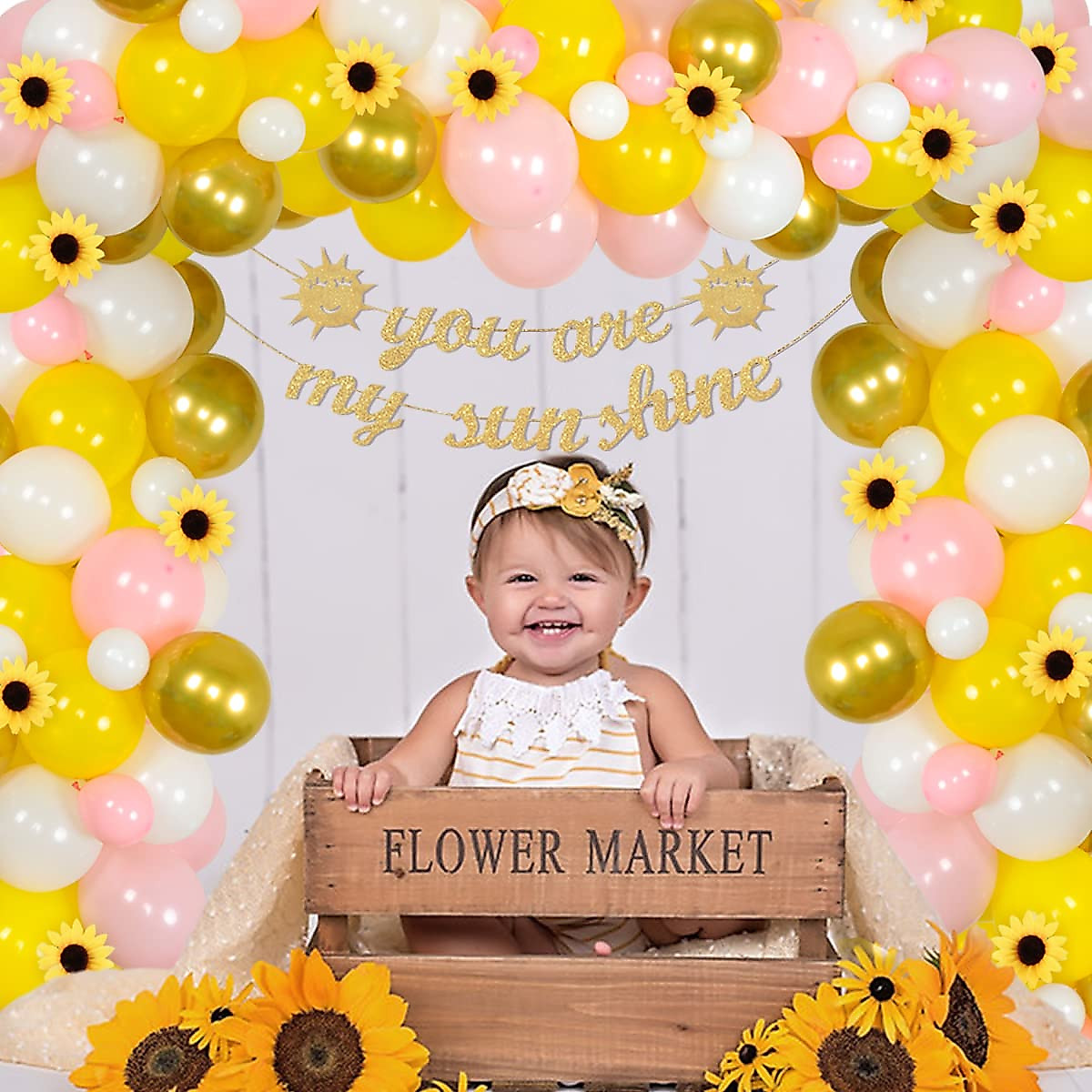 Sunflower Balloon Garland Arch Kit Pink Yellow, You Are My Sunshine Banner Party Decorations, Artificial Sunflower for Girls Birthday Party, Baby Shower, Wedding, Graduation, Anniversary