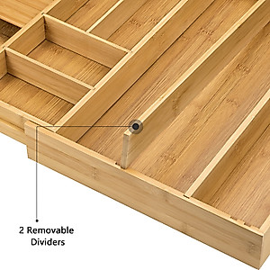 Oyydecor Bamboo Kitchen Drawer Organizer-Expandable Silverware Organizer for Utensil Holder, Cutlery Tray with 2 Removable Drawer Dividers, Adjustable for Kitchen Utensils and Flatware Organizer