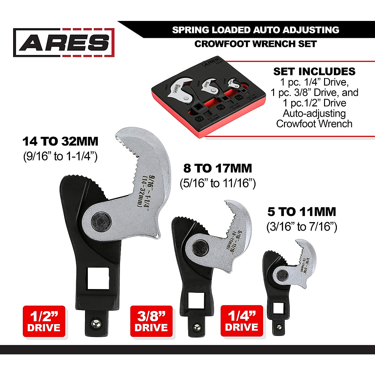 ARES 33009 – 3-Piece Auto Adjusting Crowfoot Wrench Set – Spring Loaded Adjustable Wrench Set with 5 to 32mm (3/16-Inch to 1 1/4-Inch) Coverage – Male & Female Square Drives