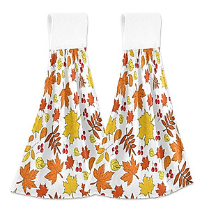 Autumn Maple Leaves Hanging Kitchen Towel Berry Fall Leaf Hand Tie Towels Set 2 Pcs Tea Bar Dish Cloths Dry Towel Soft Absorbent Durable for Bathroom Laundry Room Decor