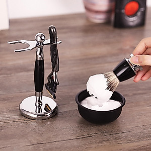 SANWA Grooming Shaving Kit for Men, Deluxe Stainless Steel Shave Razor and Brush Stand with Luxury Shaving Brush Ultra Heavy Acrylic & Steel Handle for Christmas Gift