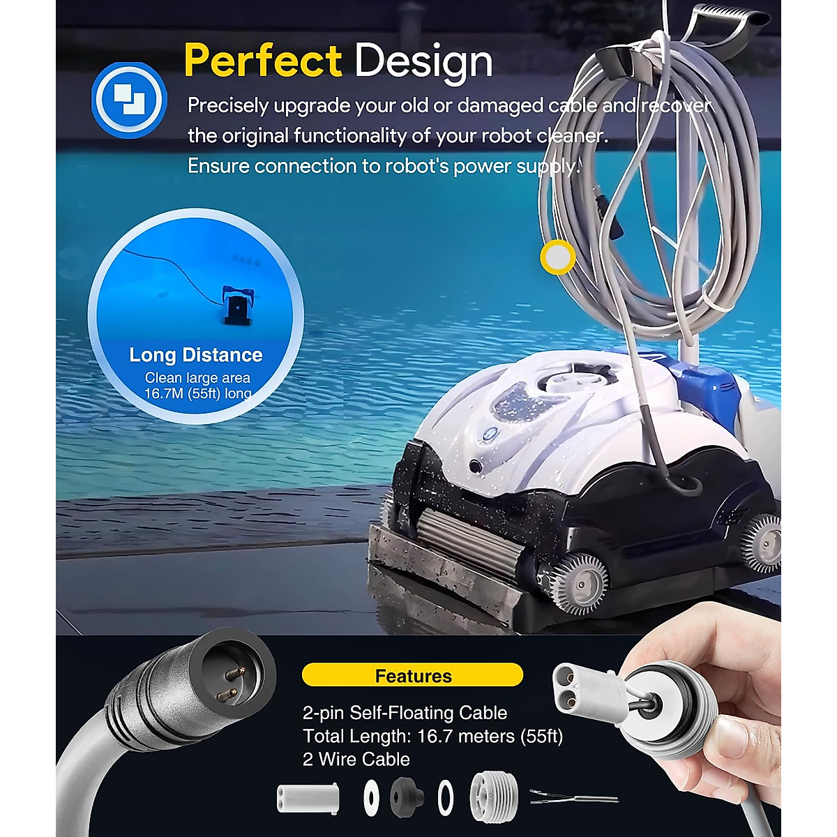 RCX50061 Floating Power Cord Assembly Replacement for Hayward Tigershark QC Robotic Cleaner RC9990 RC9990CUB, SharkVAC XL Pool Cleaner, 55 FT, 2 Pin