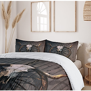 Ambesonne Barn Wood Wagon Wheel Duvet Cover Set, Long Horned Bull Skull and Old West Wagon Wheel on Rustic Wall, Decorative 3 Piece Bedding Set with 2 Pillow Shams, Queen Size, White Black Brown