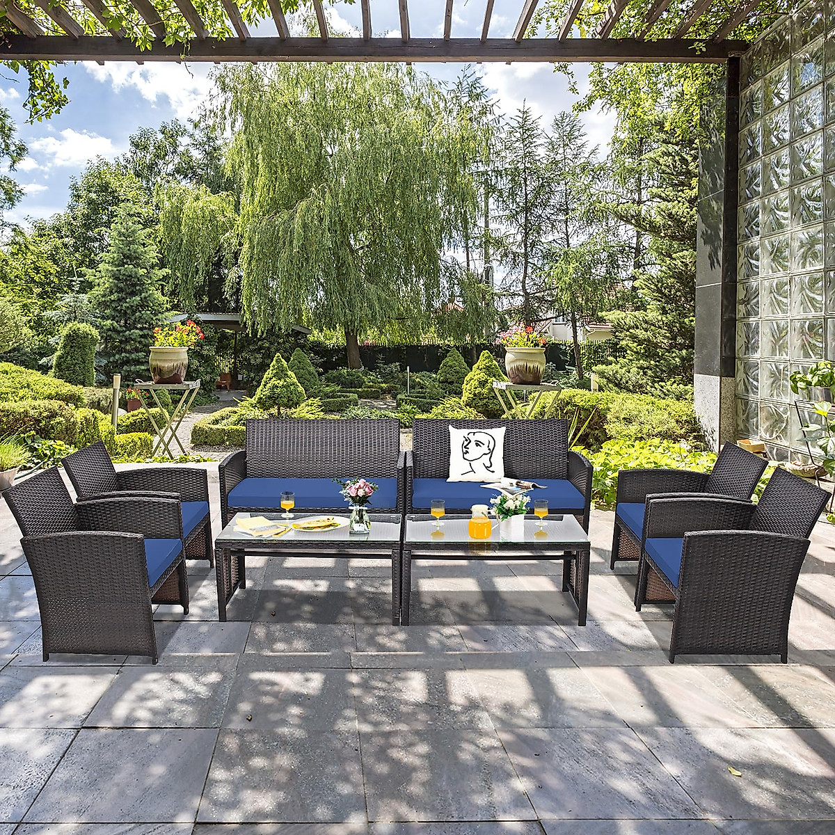 Toolsempire Outdoor Furniture Set with Water-Resistant Cushion & Tempered Glass Table, 8 Pieces Wicker Conversation Set with Ergonomic Curved Design, Outdoor Rattan Chair for Balcony, Porch(Navy Blue)