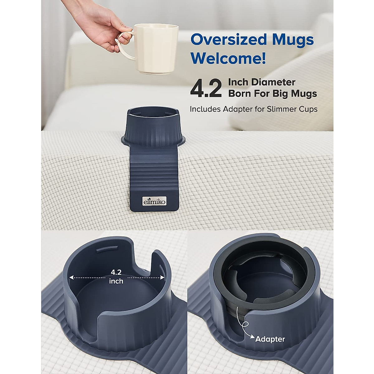 Couch Cup Holder, Elimiko Silicone Sofa Drink Holder with Upgrade Large Cup Holder, for Oversized Mug/Cup/Tumbler/Drink/Coffee/Bottle/Cans, Gifts for Mom, Dad, Husband, Grandma, Grandpa (Navy Blue)