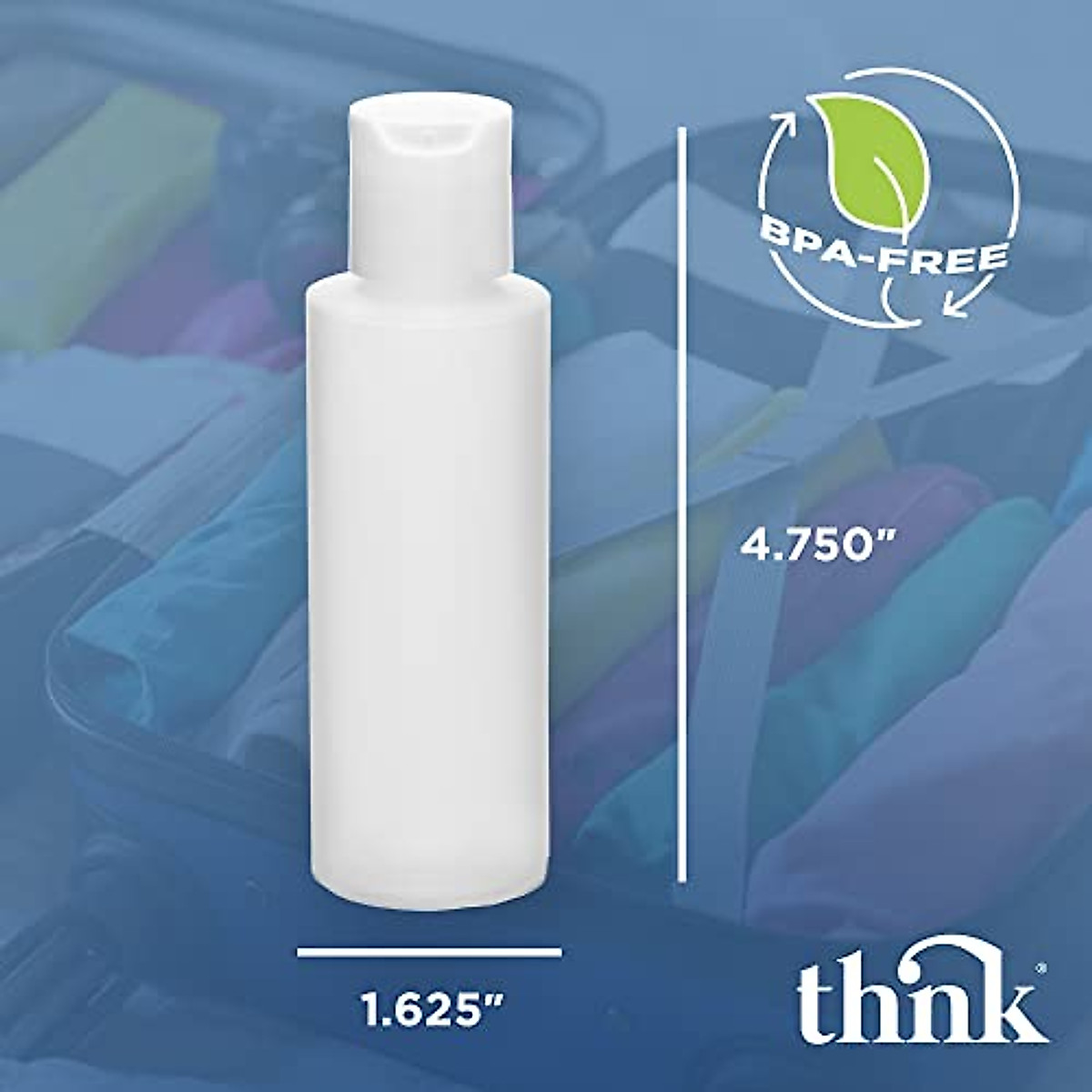 Designetics THNK, Plastic Bottle Squeeze Containers with Disc Top, Reusable, Refillable, Great for Travel-Size Hand Sanitizers and On-the-Go Liquids (5-pack, 4-oz)