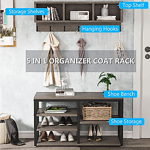 Tribesigns Coat Rack Shoe Bench Set Industrial, Hall Tree with 3 Storage Cubbies, 7 Hooks for Entryway, Hallway, 5-in-1Design, Vintage Grey