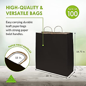 Black Paper Bags with Handles - 18x7x18.75 Inch 100 Pack Large Kraft Paper Shopping Bags with Durable Handles for Gifts, Birthdays, Events, Small Businesses, Retail Stores, Crafting, in Bulk