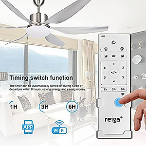 reiga 66" Modern Sleek Ceiling Fan with Dimming Light and APP Remote Control, 6 Matt Sliver Blades Reversible DC Motor for Kitchen, Bedroom, Patio