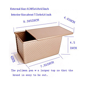 monfish Pullman Loaf Pan w Cover Bread Toast Mold corrugated loaf Pan w lid 1lb dough Alluminumed Steel Non Stick Gold (8.5X4.75X4.375INCH)