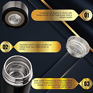 Aichiw Water Bottle Vacuum Insulated Multifunctional Portable Mug With Temperature Display Stainless Steel Cup for Travel Outdoor (16 Ounce Black)