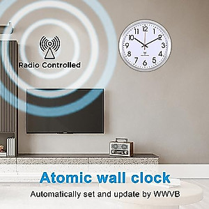 Vigorwise Atomic Analog Wall Clock, 14 Inch Radio Controlled Sets Automatically Wall Clock, Aluminum Frame Wall Clock Decorative for Home Kitchen Living Room Bedroom Office School
