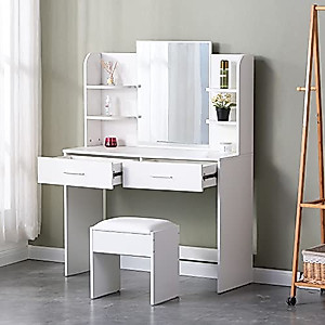 AOCOROE Makeup Vanity Table with Mirror & 10 Light Bulbs, White Vanity Set with Cushioned Stool, 6 Storage Shelves 2 Drawers, 42.5in(L) Dressing Table Dresser Desk for Women, Girls, Bedroom