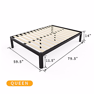 MAF 14 Inch Queen Platform Bed Frames with Wooden Slats, Black 3500 Lbs Heavy Duty Metal Bed Frame with Anti-Collision Round Legs, No Box Spring Needed, Easy Assembly