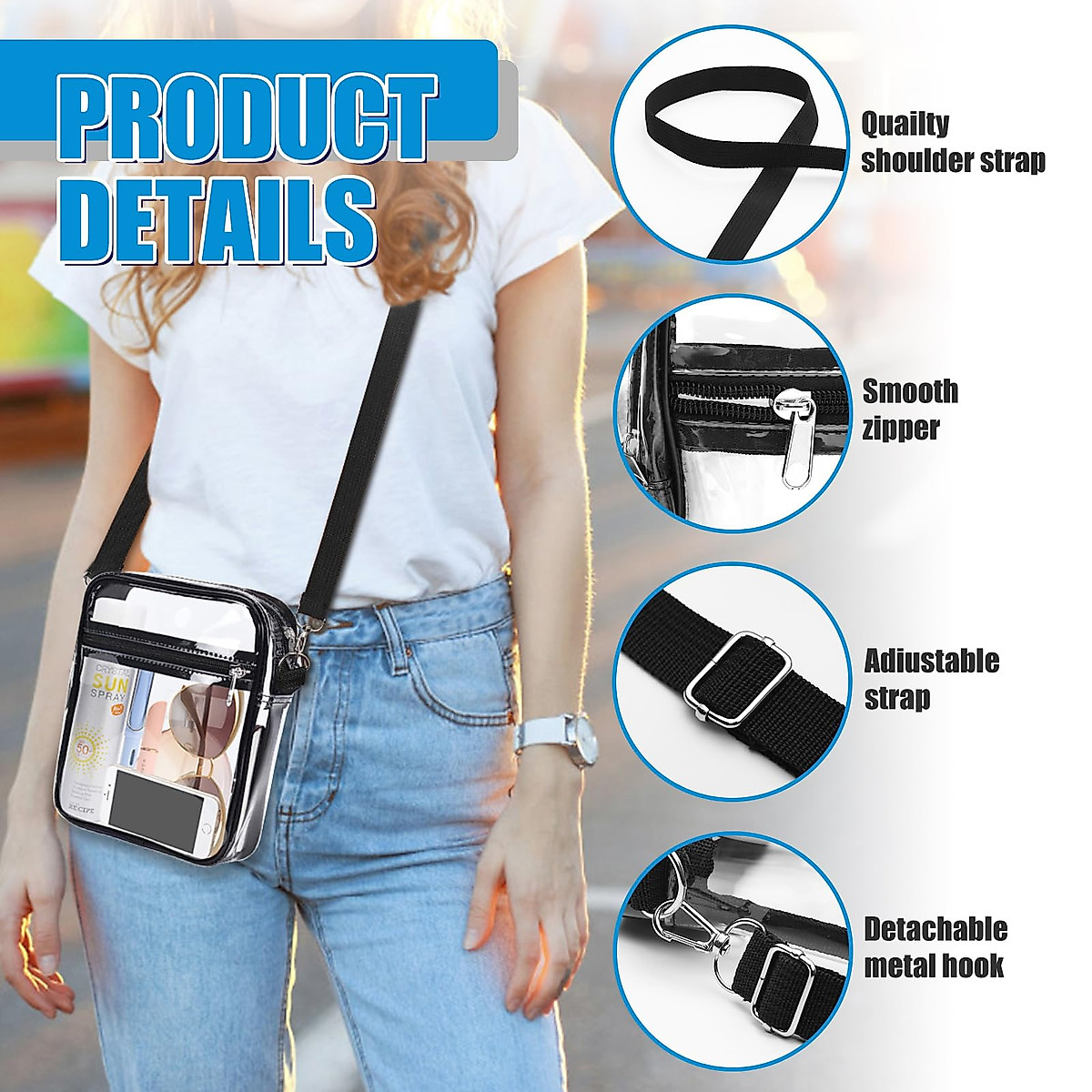 AURUZA Clear Crossbody Bag,Clear Bag for Women with Adjustable Strap,Clear Purse Stadium Approved for Concerts Festivals