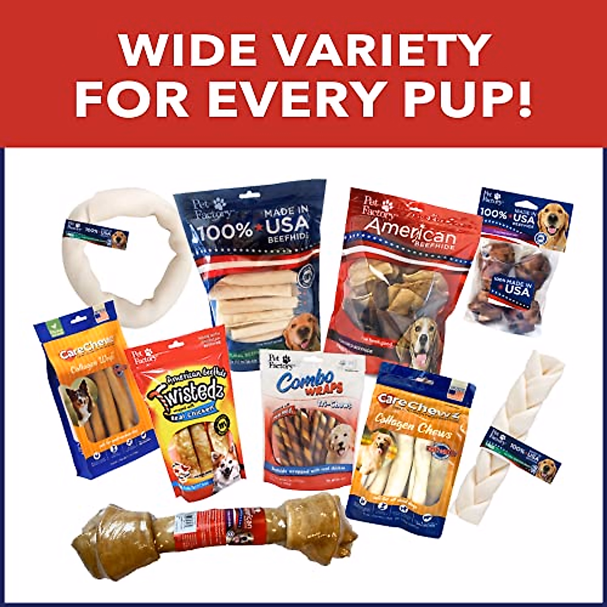 Pet Factory 100% Made in USA Beefhide 8-9" Assorted (Bones & Rolls) Dog Chew Treats - Natural Flavor, 6 Count/1 Pack