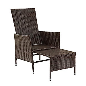 Teamson Home Patio High Back Chair PE Wicker with Pull-Out Ottoman and Cushions, Brown and White