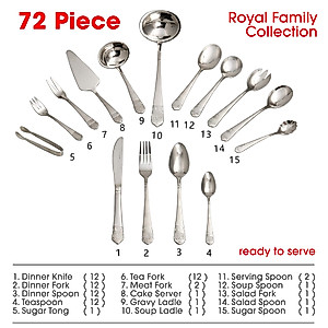 Hermann Miller Royal Family Collection 72 Piece Fine Flatware Silverware Set with Gift Carrying Case, Elegant Design, Serves Parties 12 people, Perfect Housewarming Graduation for Loved Ones, Gold